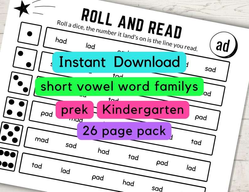 25 Printable Short Vowel Word Family Endings Roll and Read Worksheet ...