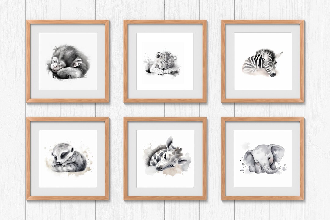 Safari Water Color Animal Set of Six, Black and White Nursery Art ...
