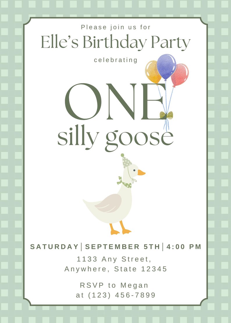 Silly Goose First Birthday Invitation: Digital Editable Birthday Party ...