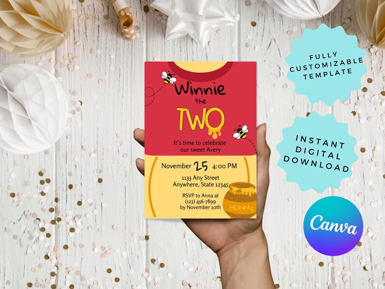 Winnie the Pooh Birthday Invitation: Digital Editable Birthday Party ...