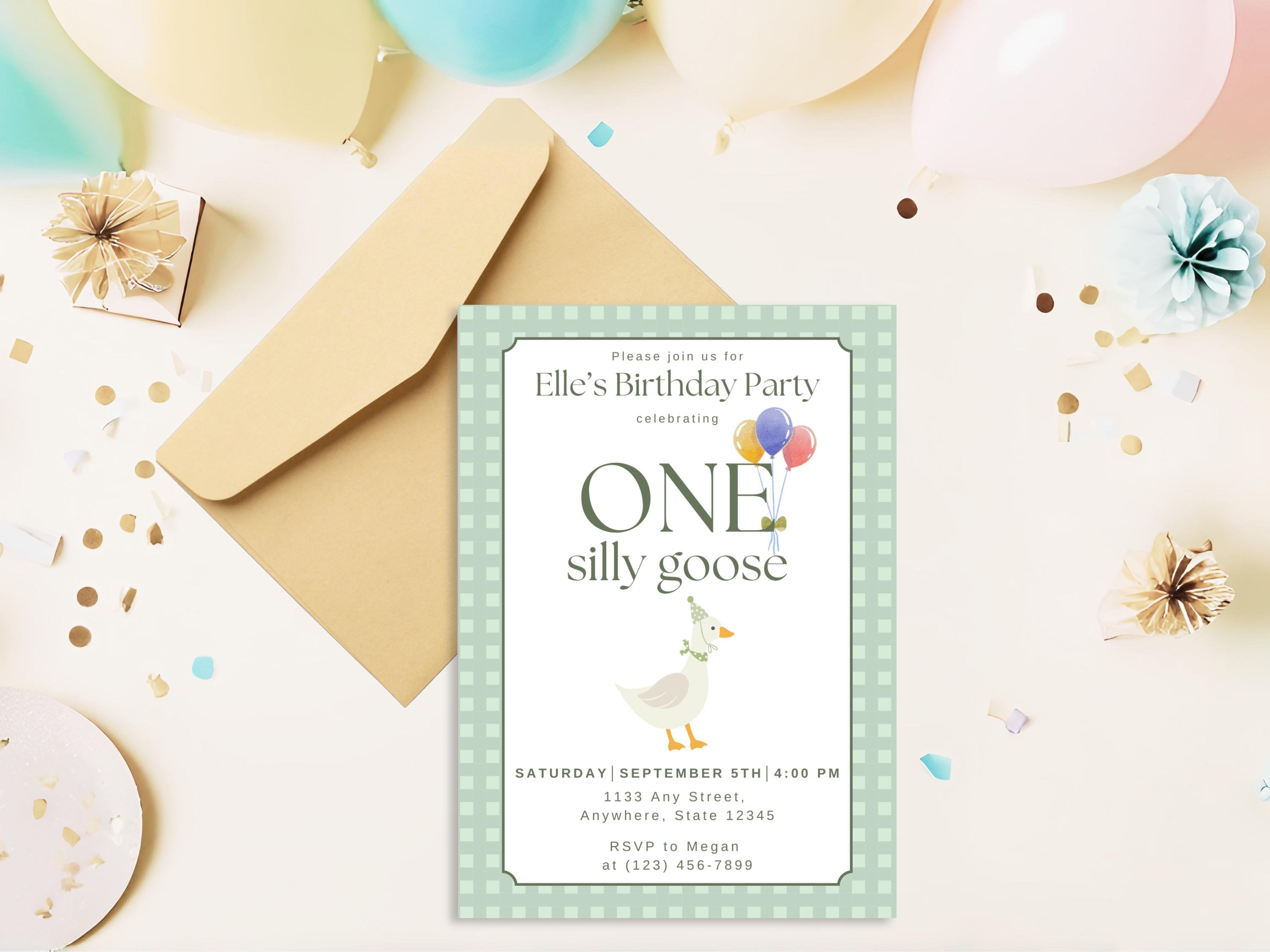 Silly Goose First Birthday Invitation: Digital Editable Birthday Party ...