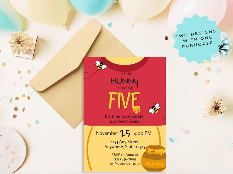 Winnie the Pooh Birthday Invitation: Digital Editable Birthday Party ...