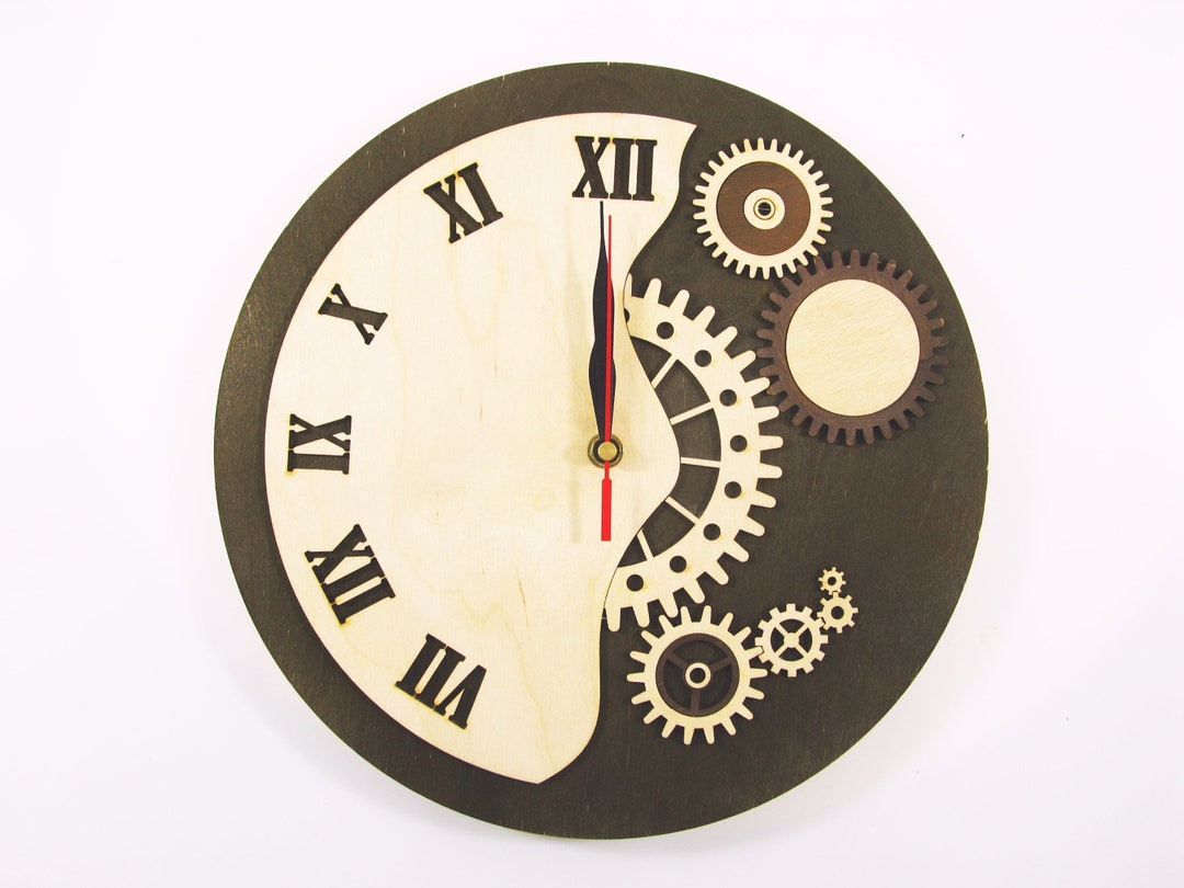 Wooden Modern Clock With Gears on the Clock Modern Wall Clock Two Color ...