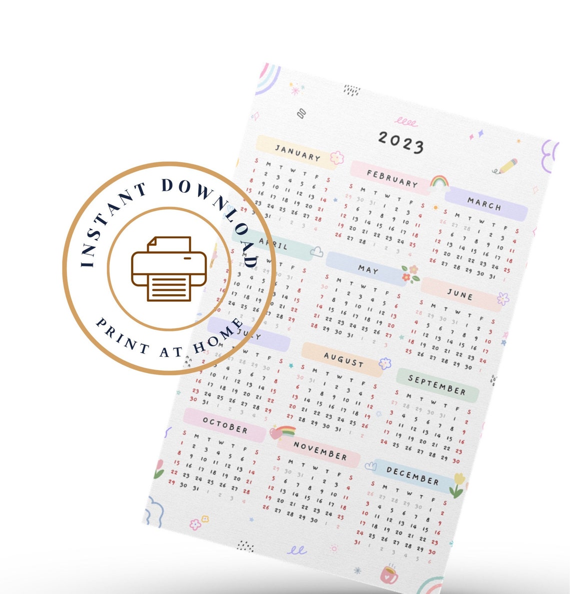 Printable 2023 Calendar Instant Download Print at Home Year at a Glance ...