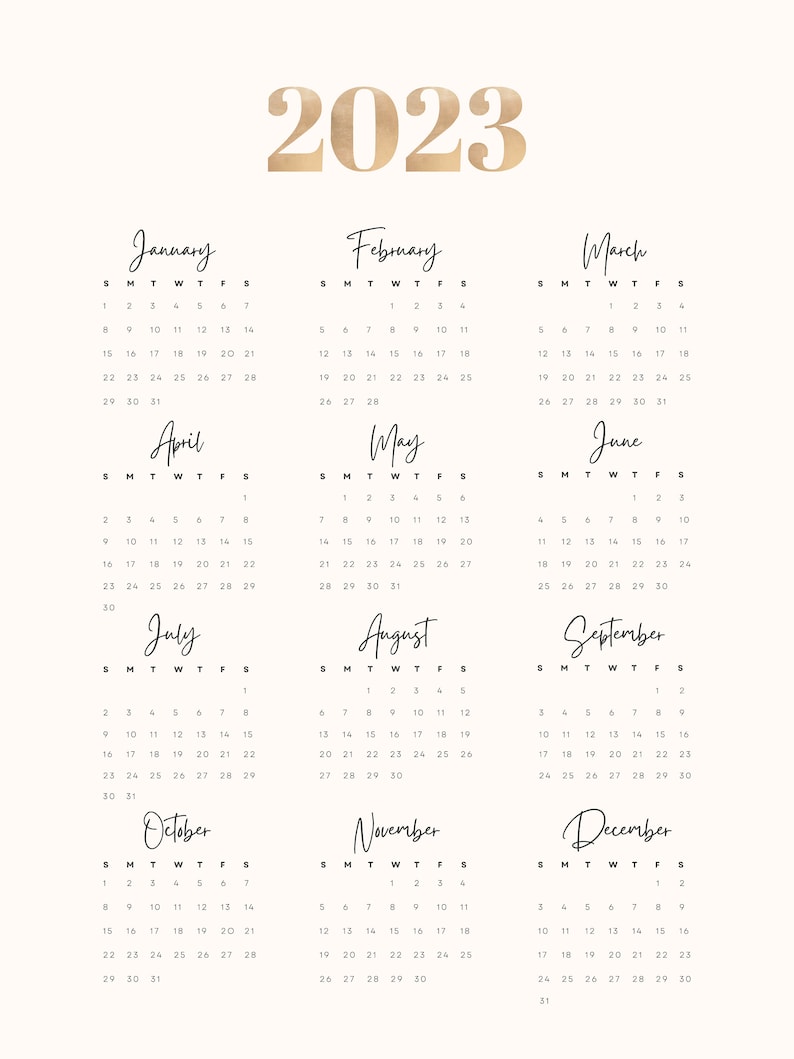 Printable 2023 Calendar Instant Download Print at Home Year at a Glance ...