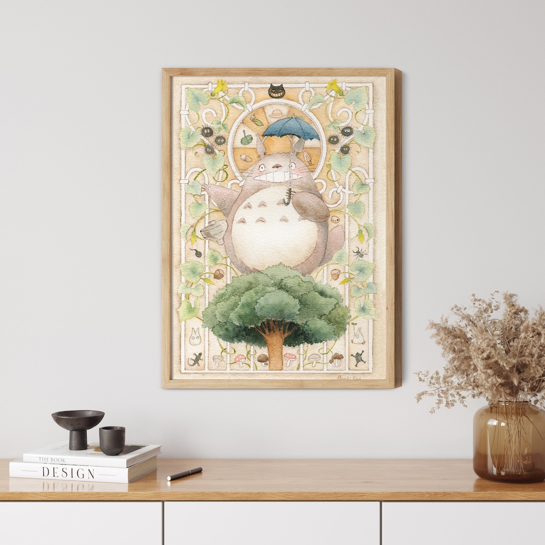 Furry Rabbit Owl Art Nouveau Watercolor Painting, Ghibli Wall Art ...