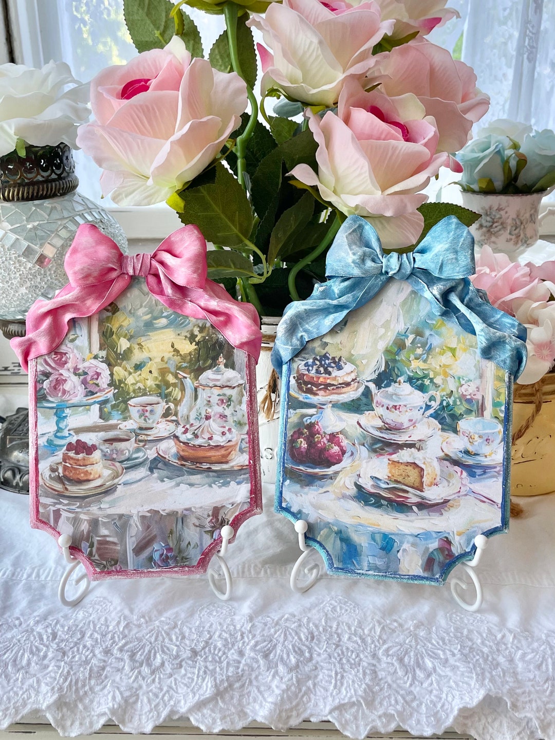 Pink & Blue Shabby Chic Tea Party Room Decor Set, Fancy Vintage Cakes ...