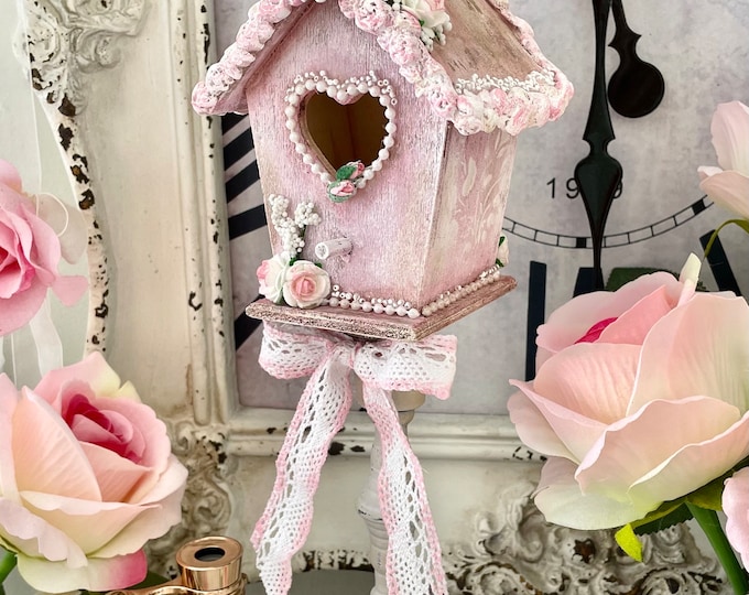 Adorable Pink Shabby Chic Birdhouse, Decorative Pink Cottage Rose ...