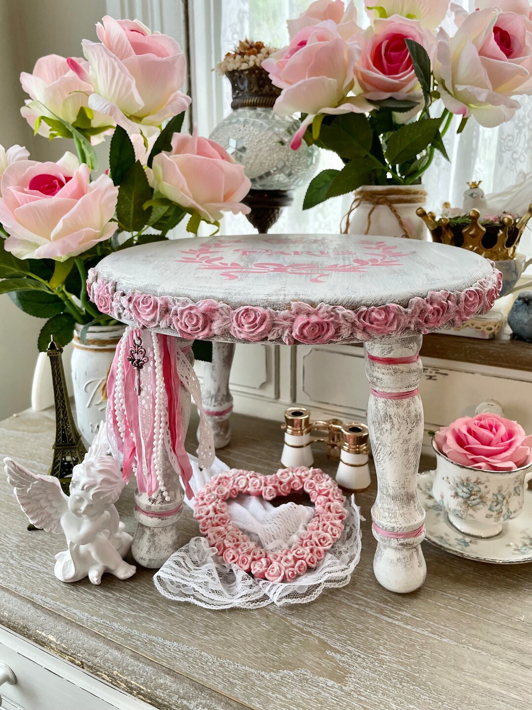 Pink and White Cottage Rose Riser, Pink and White Shabby Chic Roses ...