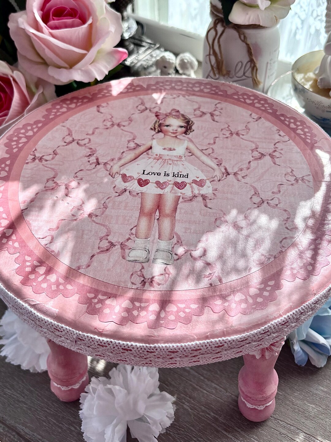 Vintage Paper Doll Step Stool, Pink Shabby Chic Riser, Coquette Decor ...