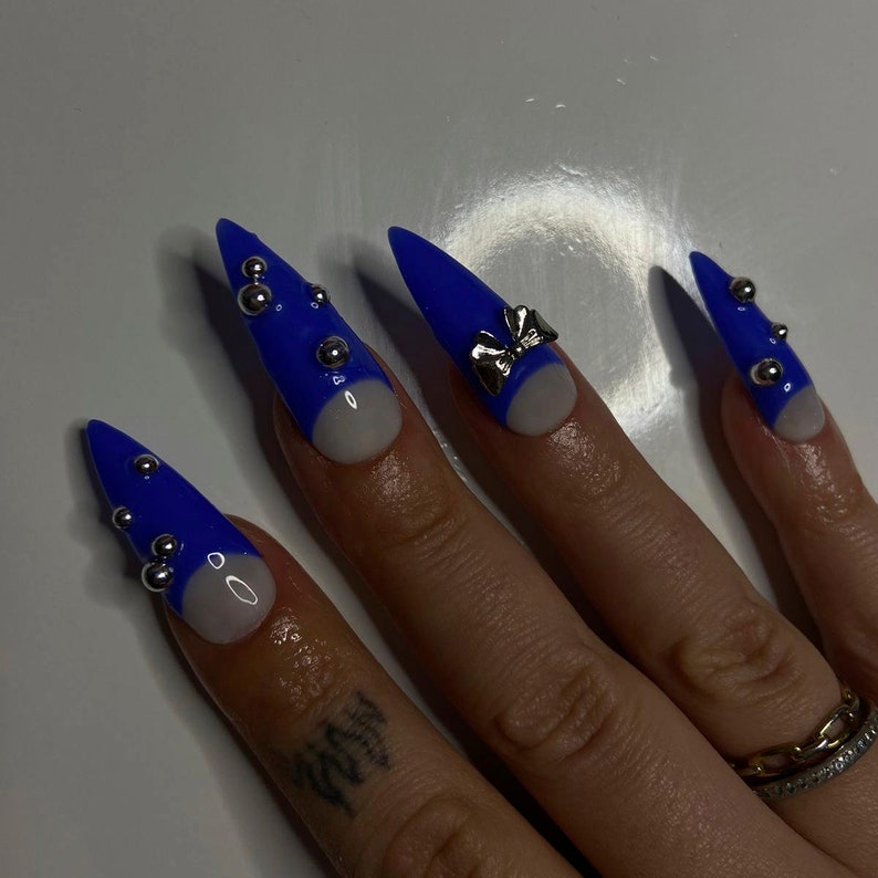 Blue Press on Nails With Silver Charms | Stiletto Nails | Long Nails ...