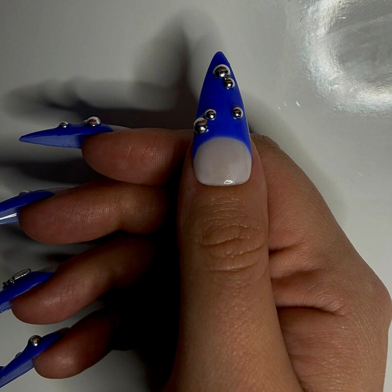 Blue Press on Nails With Silver Charms | Stiletto Nails | Long Nails ...