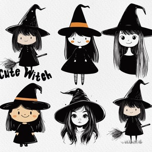 Cute Little Witches, Clipart Collection Ideal for Halloween, 6 PNG&JPG ...