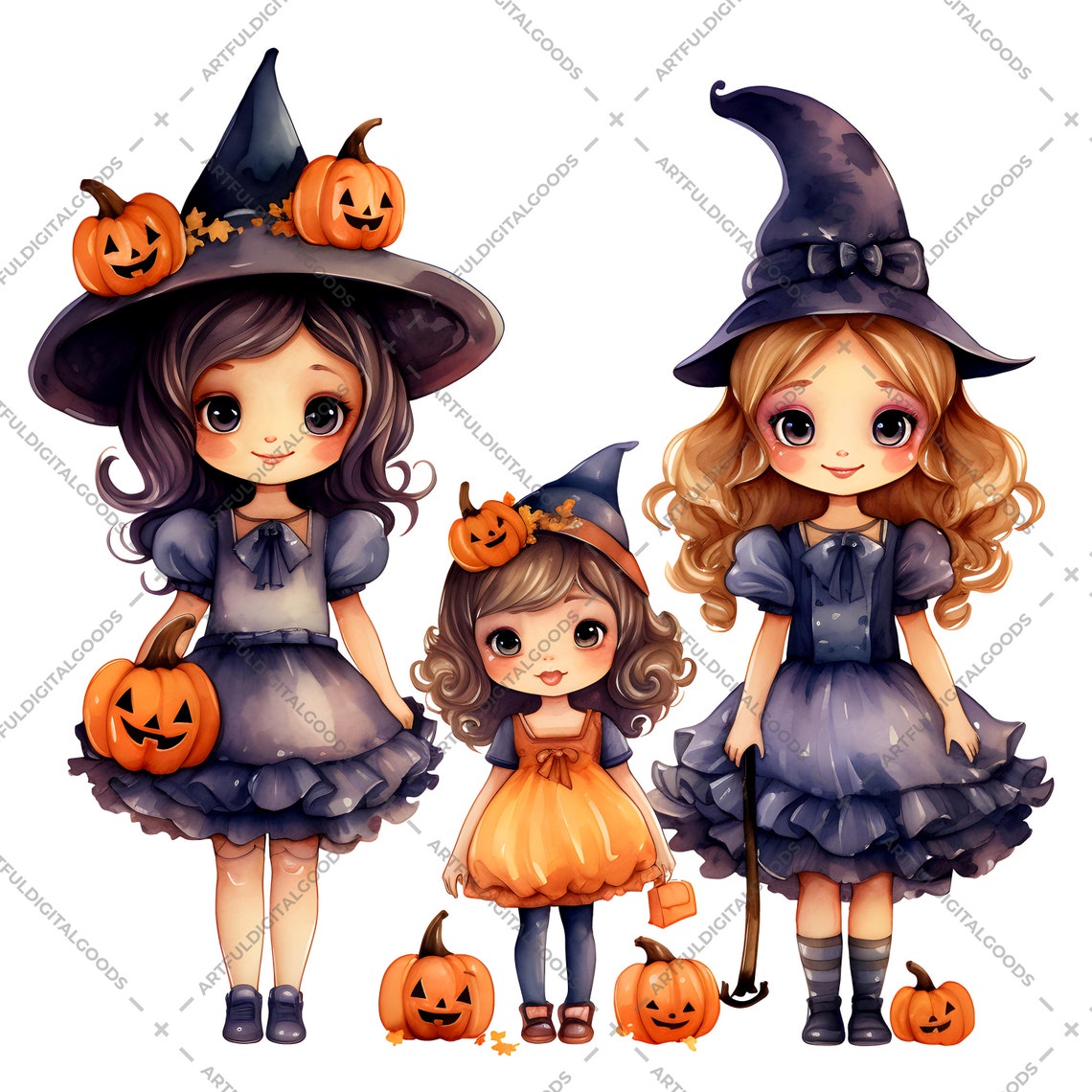 Cute Little Witches, Watercolor Witch Cliparts High Resolution Instant ...