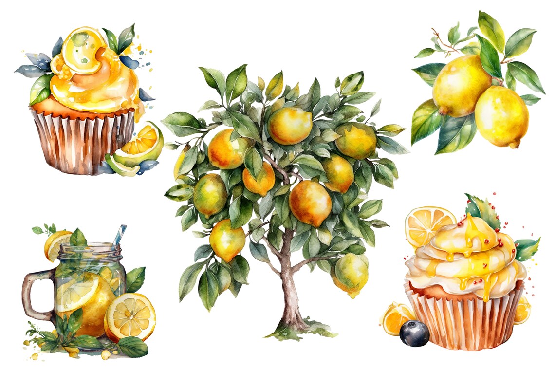 Watercolor Lemon Set, Summer Joy PNG, JPG Instant Download - Etsy