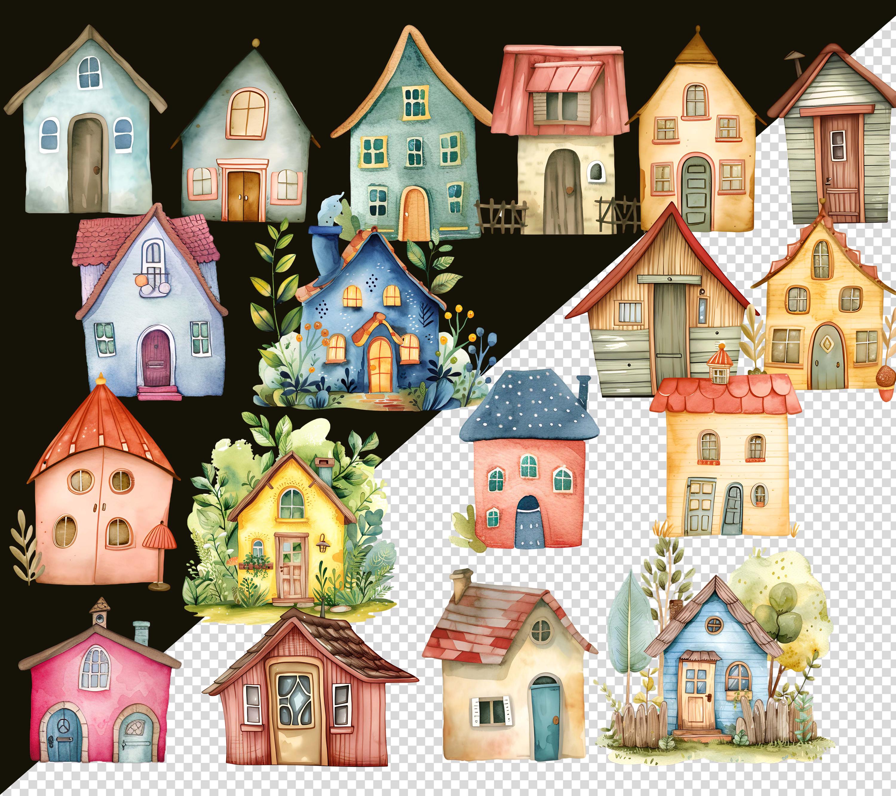 Whimsical Watercolor Houses Clipart Set 18 Cute & Unique PNG/JPG Images ...