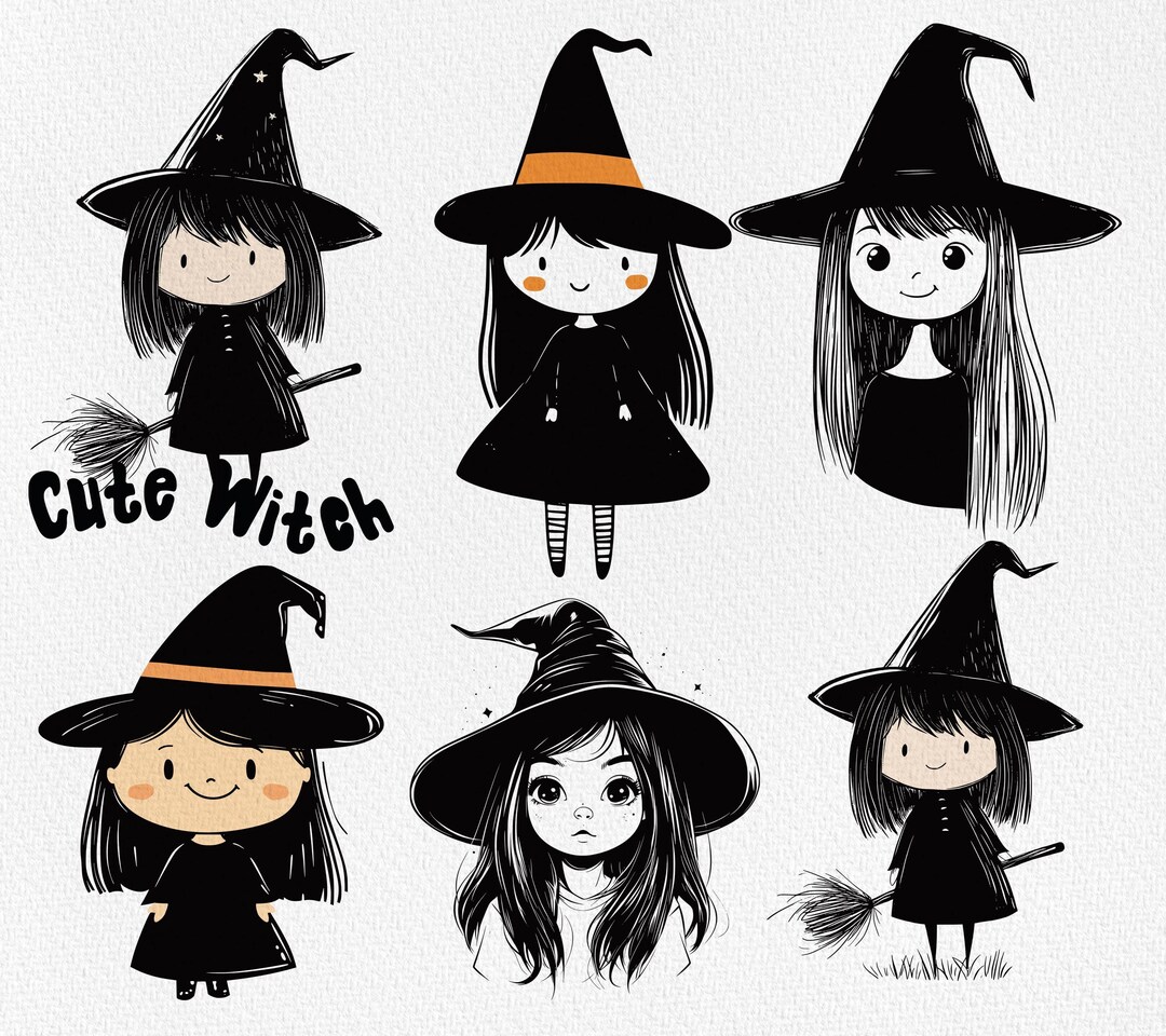 Cute Little Witches, Clipart Collection Ideal for Halloween, 6 PNG&JPG ...