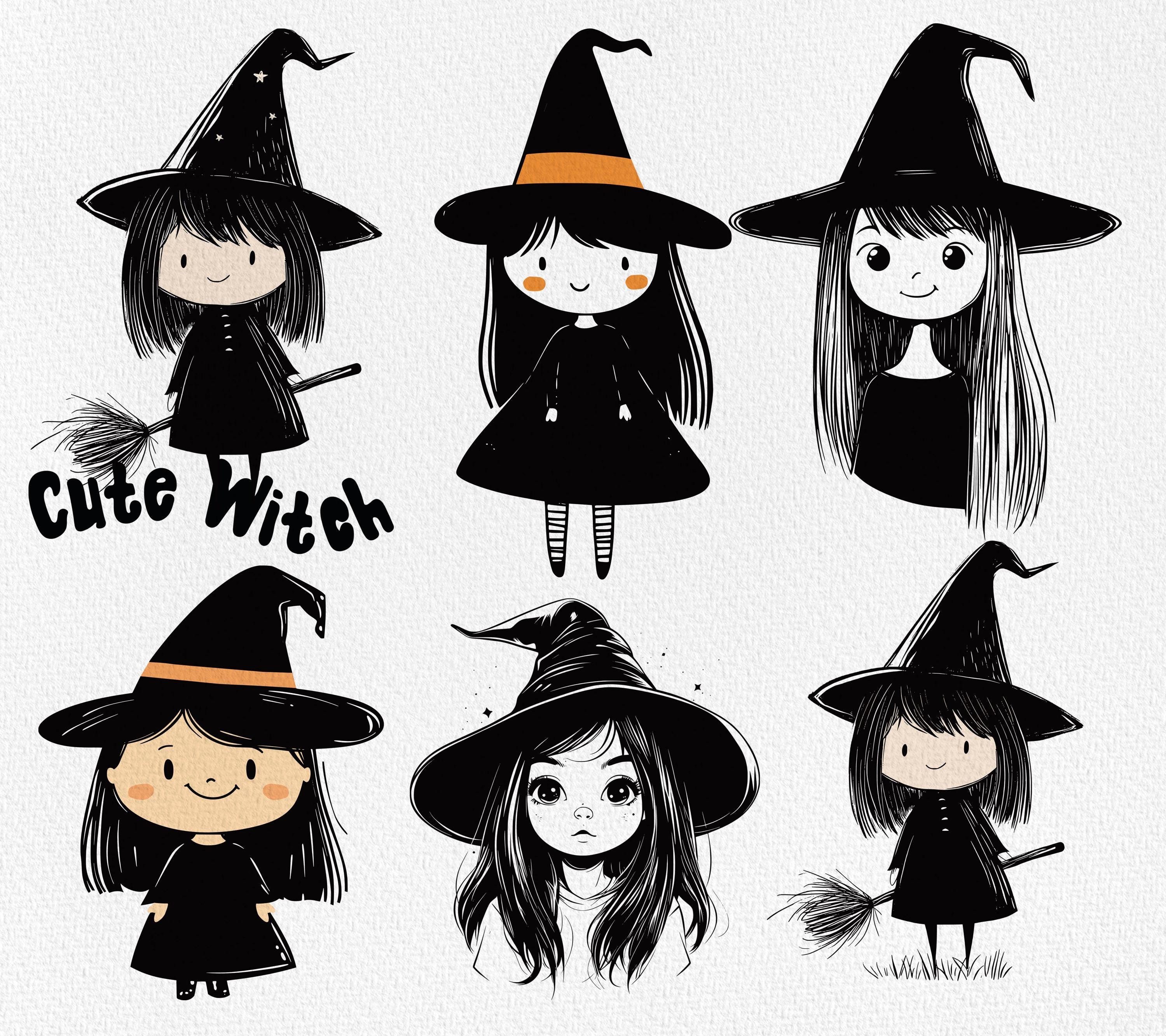 Cute Little Witches, Clipart Collection Ideal for Halloween, 6 PNG&JPG ...