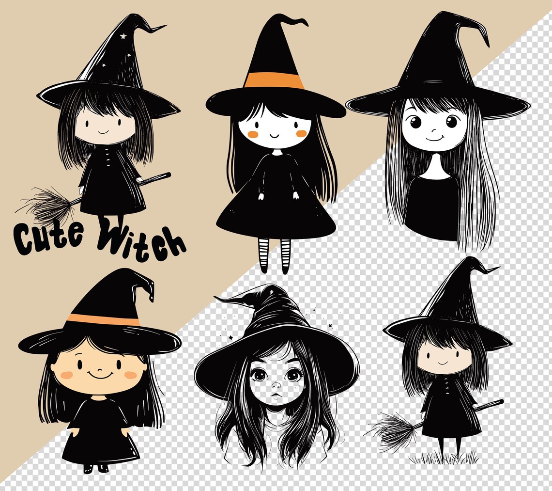 Cute Little Witches, Clipart Collection Ideal for Halloween, 6 PNG&JPG ...