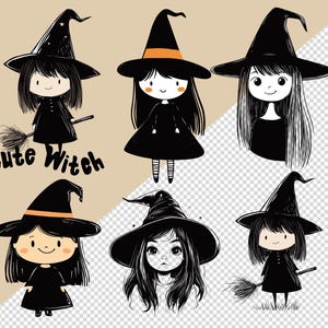 Cute Little Witches, Clipart Collection Ideal for Halloween, 6 PNG&JPG ...