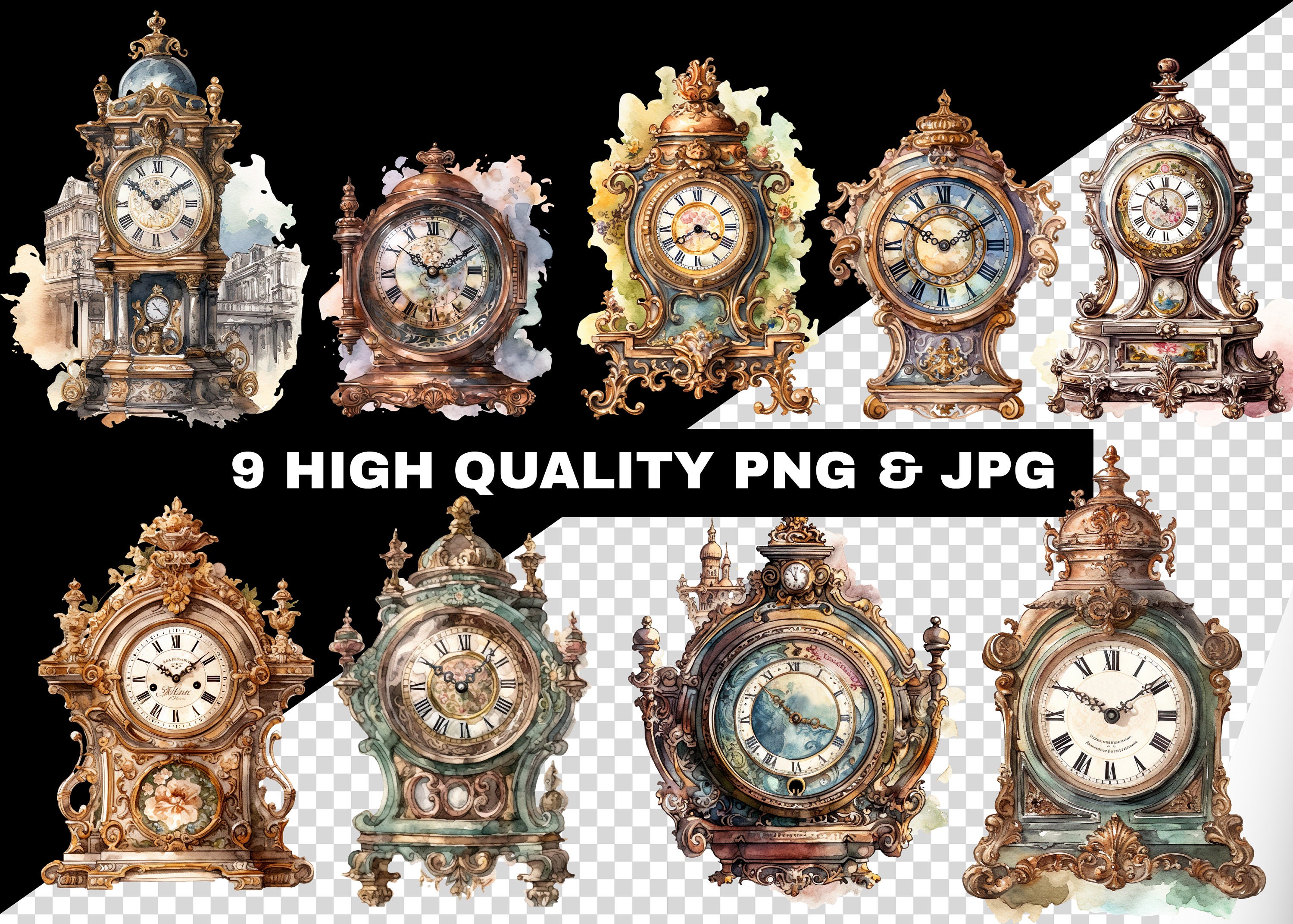 Watercolor Antique Clocks Clipart - Vintage Timepieces PNG-JPG Instant ...