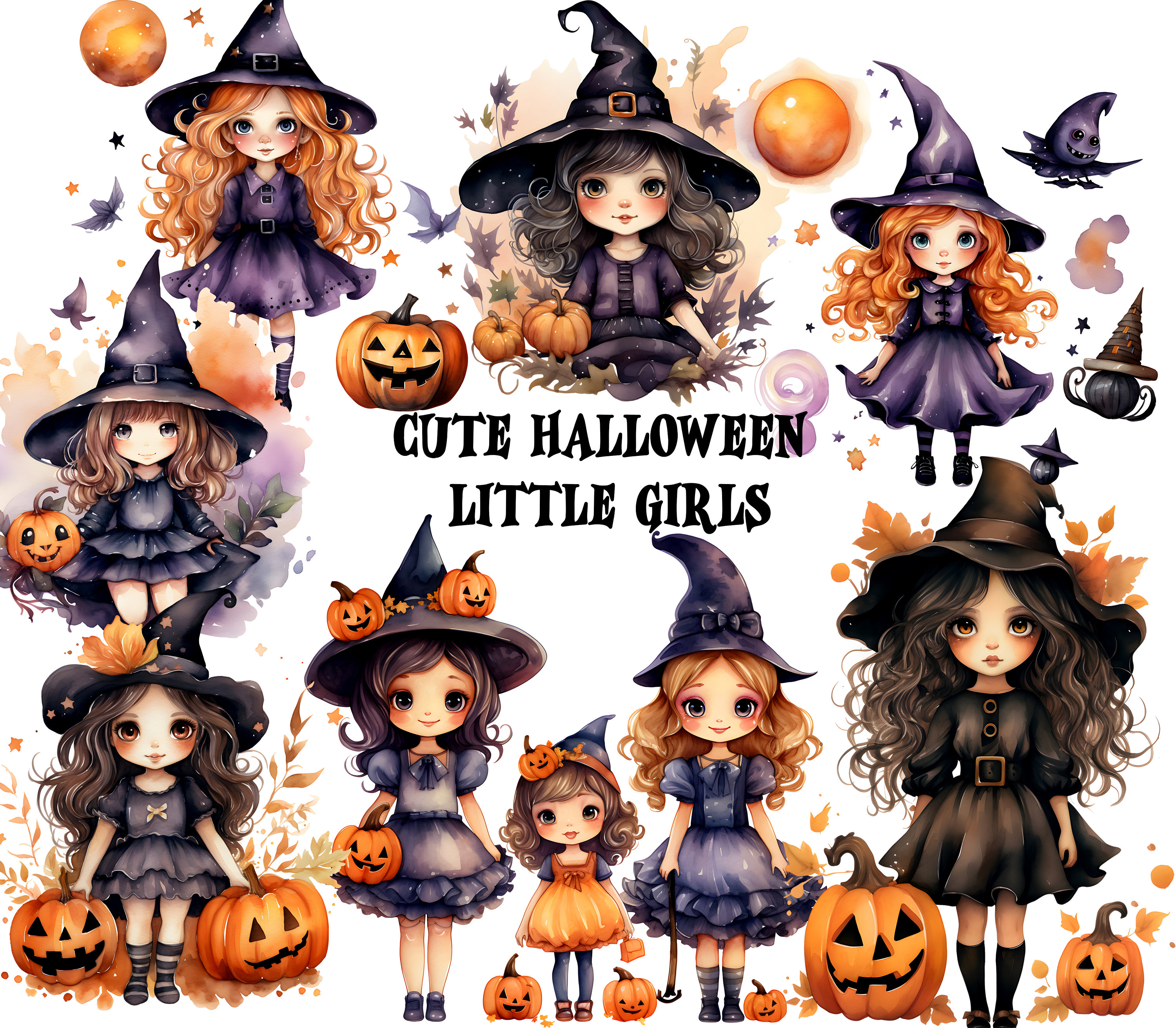 Cute Little Witches, Watercolor Witch Cliparts High Resolution Instant ...