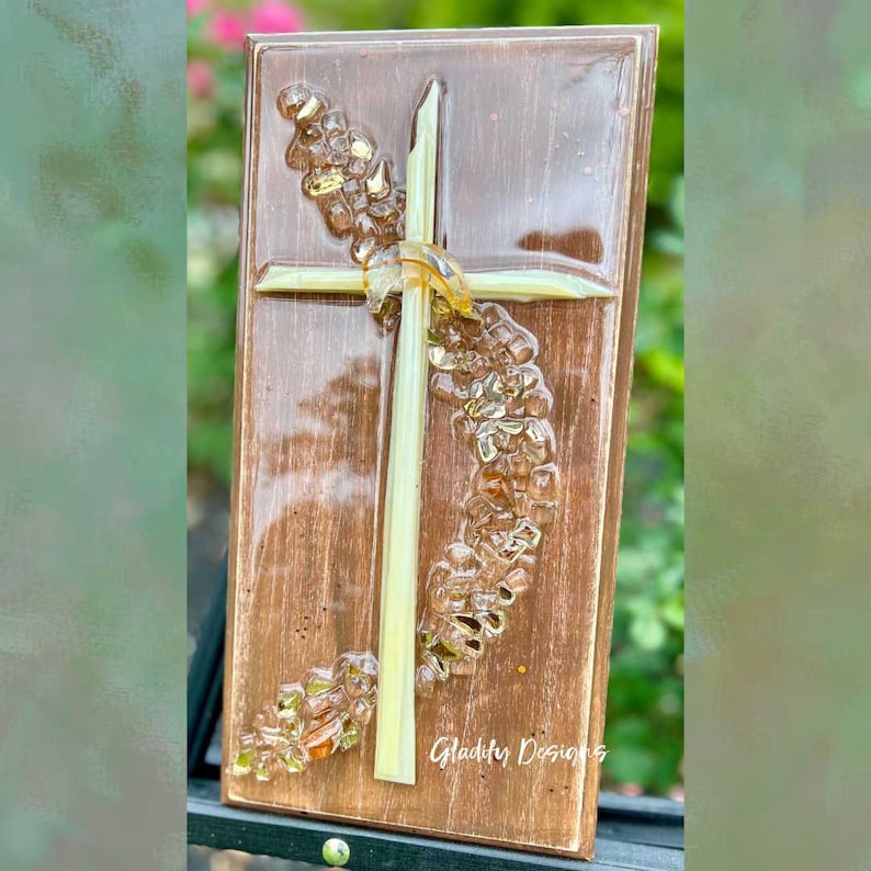 Stained Glass Cross Wall Art, Rustic Wood & Resin Decor - Etsy