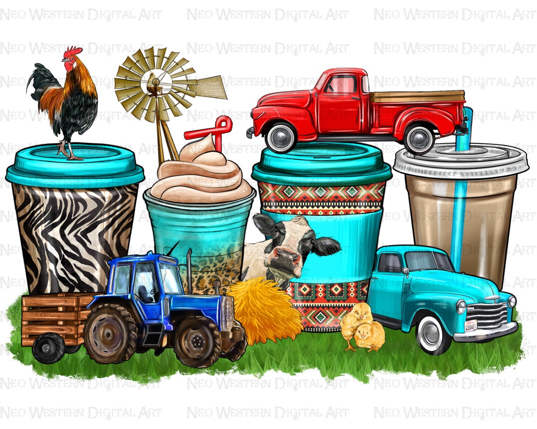 Farm Truck Coffee Cups Png Sublimation Design, Western Coffee Cups Png ...