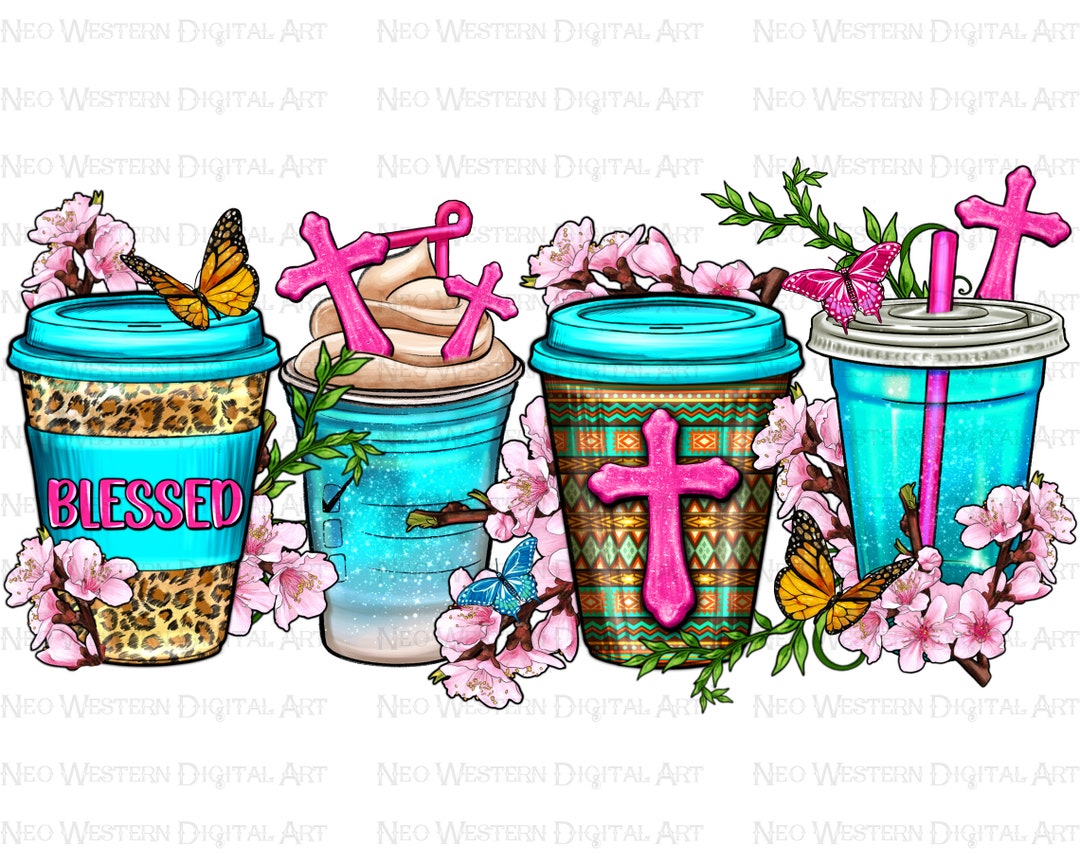 Blessed Coffee Cups Png Sublimation Design Download, Floral Coffee Cups ...