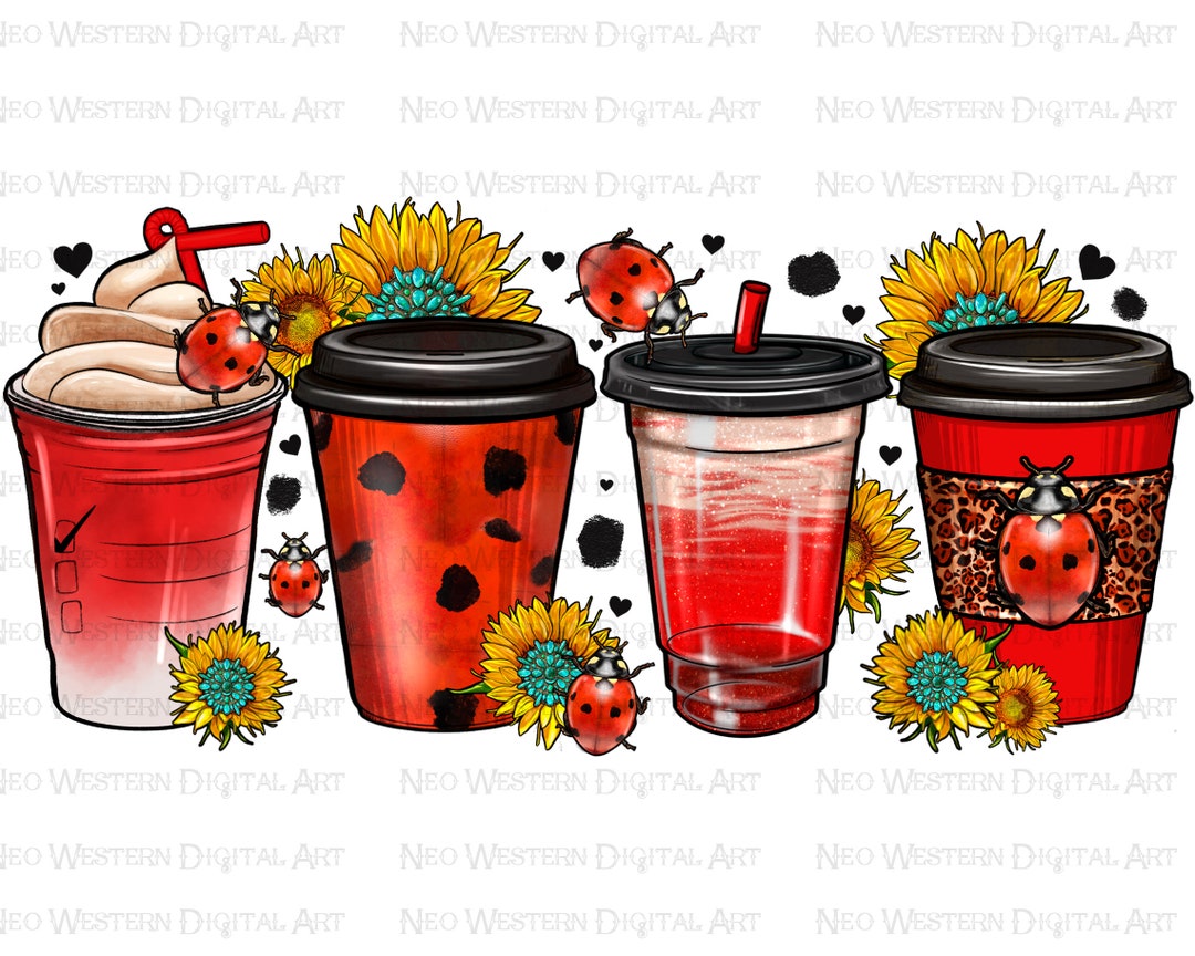 Lady Bug Coffee Cups Png Sublimation Design Download, Sunflowers Coffee ...