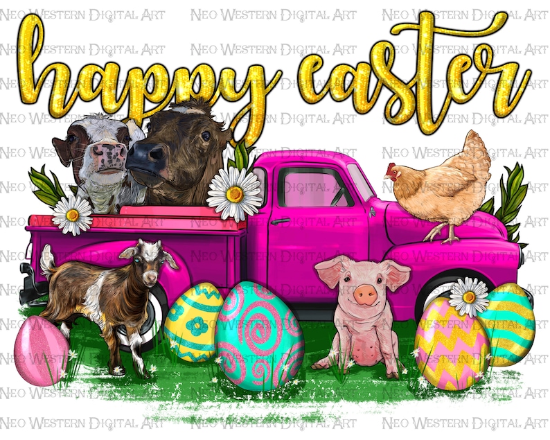 Happy Easter Truck With Farm Animals Png Sublimation Design Download ...