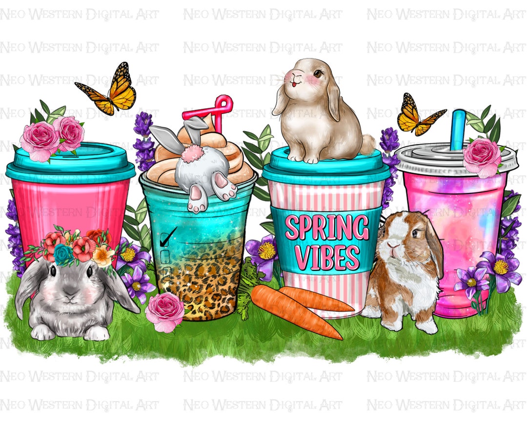 Rabbit Coffee Cups Png Sublimation Design, Floral Coffee Cups Png ...