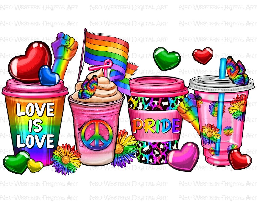 LGBTQ+ Pride Coffee Cups Png Sublimation Design Download, Western Coffee Cups Png Design, Love ...