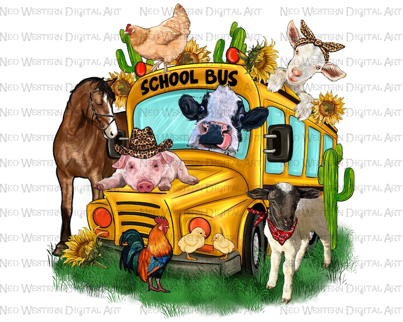 Farm Animal School Bus Png Sublimation Design Download, Back to School ...