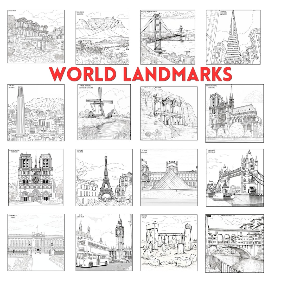 World Landmarks Coloring Pages Coloring Activity Sheets - Etsy