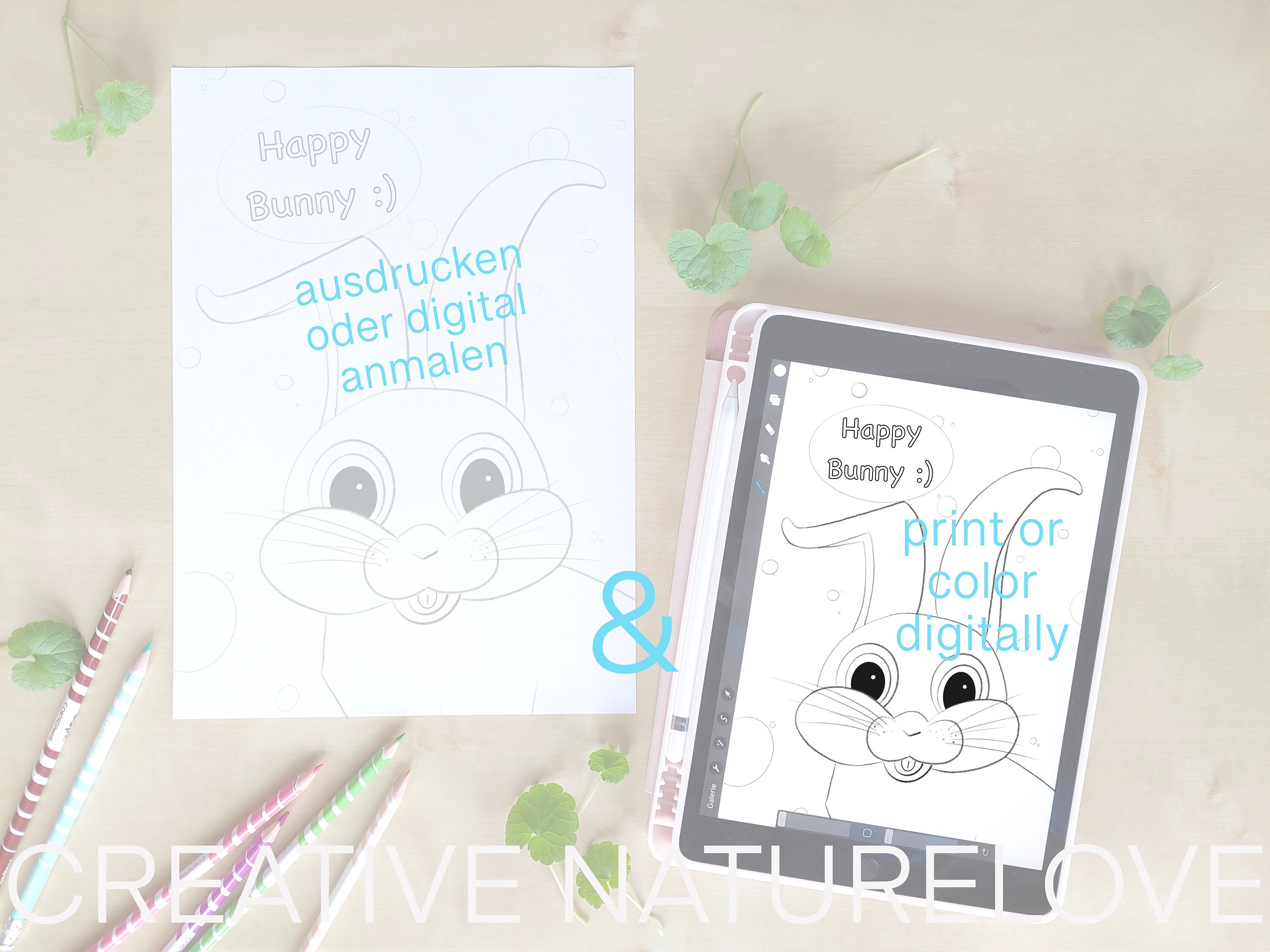 Coloring Page * Happier Bunny * Cute Rabbit * Drawing of Pets * Digital ...
