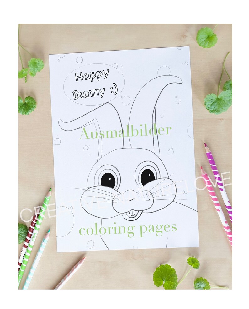 Coloring Page * Happier Bunny * Cute Rabbit * Drawing of Pets * Digital ...