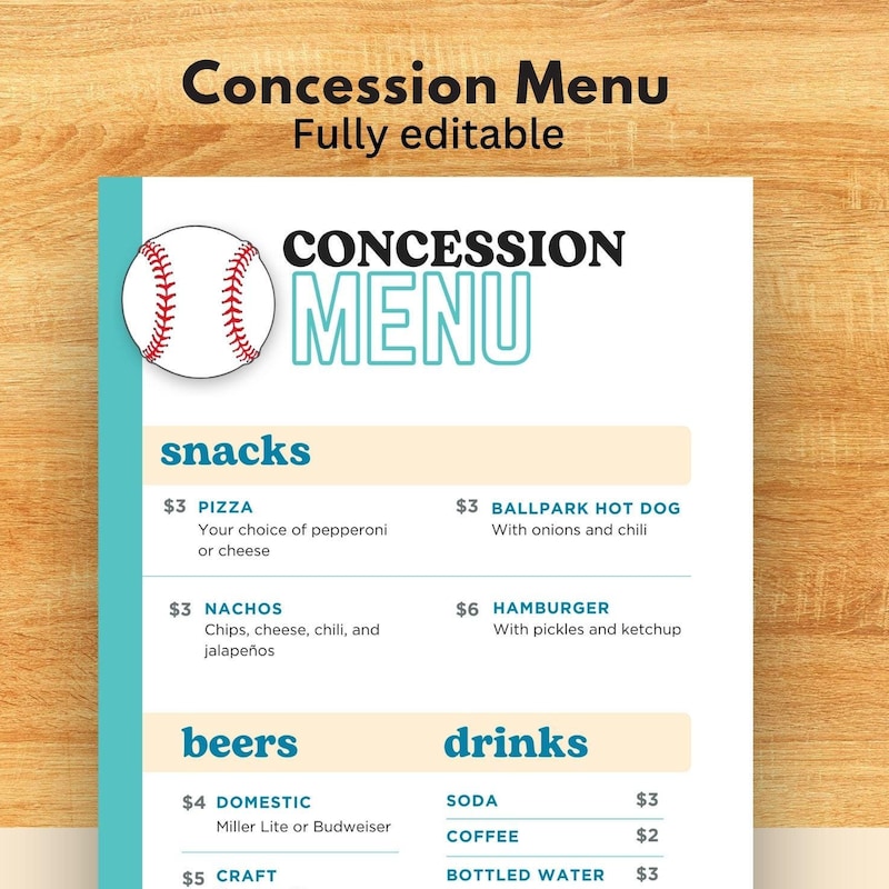 Concession Price List Template - Etsy