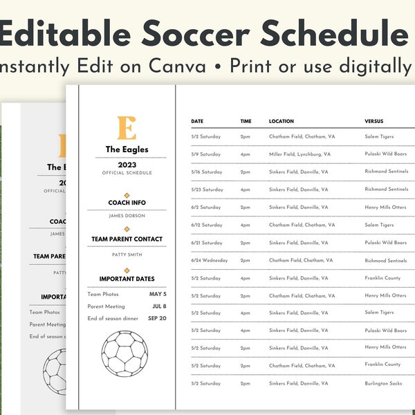 Soccer Schedule Template - Etsy