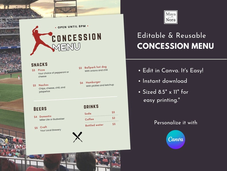 SOFTBALL Concession Menu Instant Download Stand Editable Canva Template ...