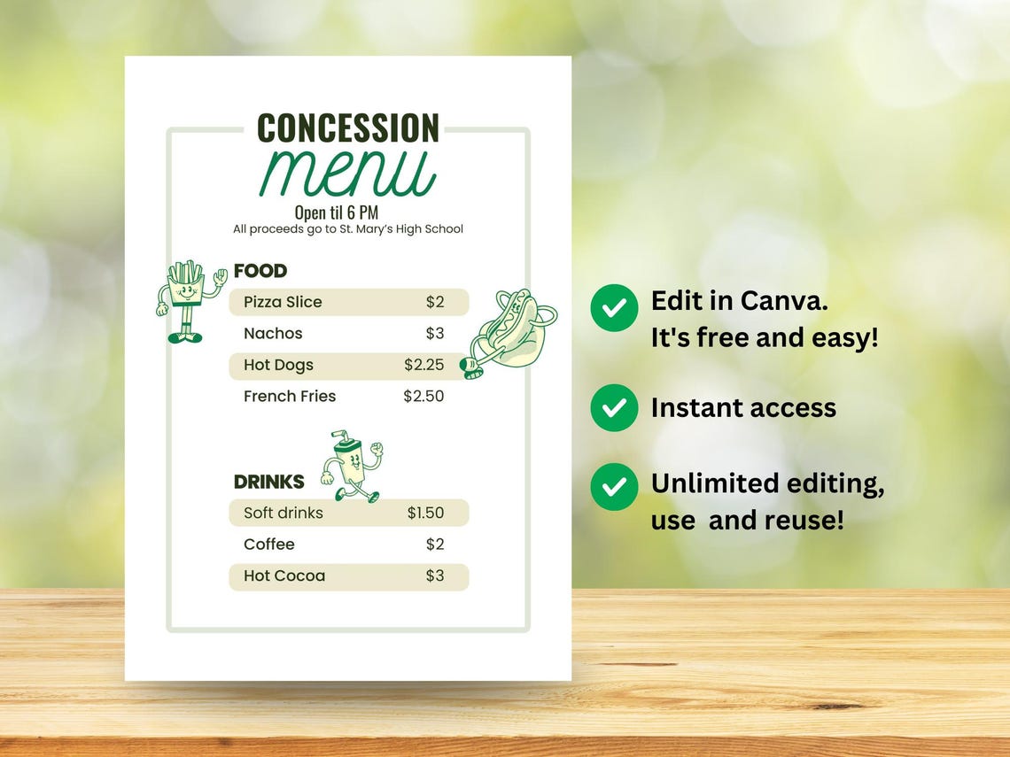 3 Editable Concession Menus, Canva Template, Team Mom, Volunteer Movie ...