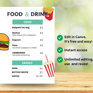 Digital Editable Concession Stand Menu Baseball Football Instant ...