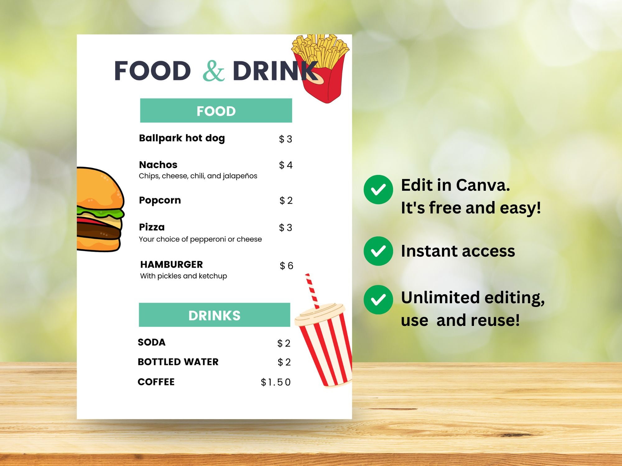 Digital Editable Concession Stand Menu Baseball Football Instant ...