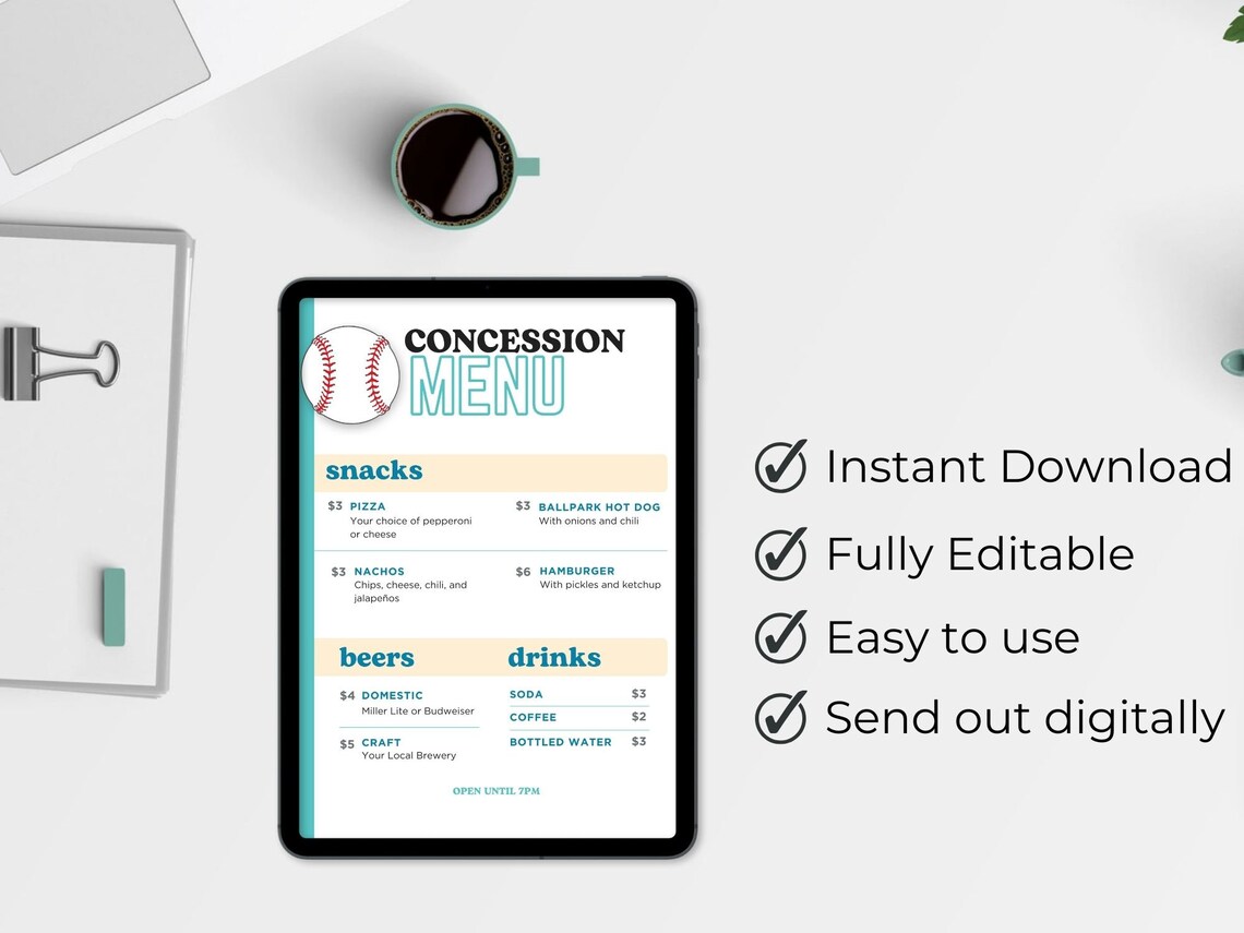 Editable Baseball Concession Stand Menu Softball Digital Instant ...