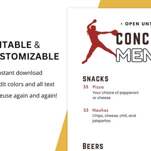 SOFTBALL Concession Menu Instant Download Stand Editable Canva Template ...