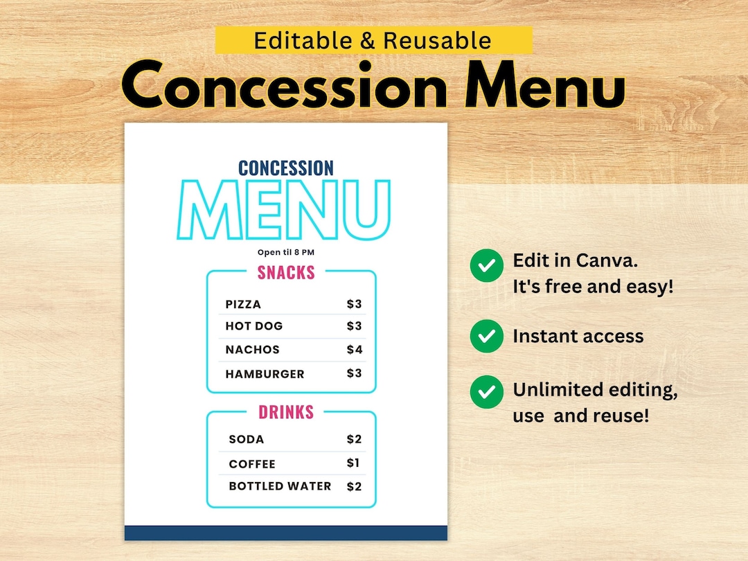 Editable Concession Stand Menu Printable Concession Menu Digital ...