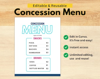 Editable Concession Stand Menu Softball, Instant Download Canva ...