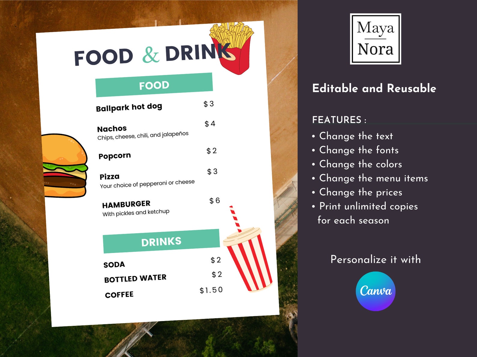 Digital Editable Concession Stand Menu Baseball Football Instant ...