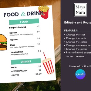 Digital Editable Concession Stand Menu Baseball Football Instant ...