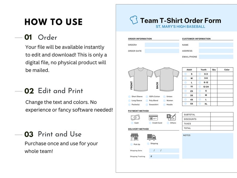 Editable T-shirt Uniform Order Form Team Sign up Sheet Printable ...